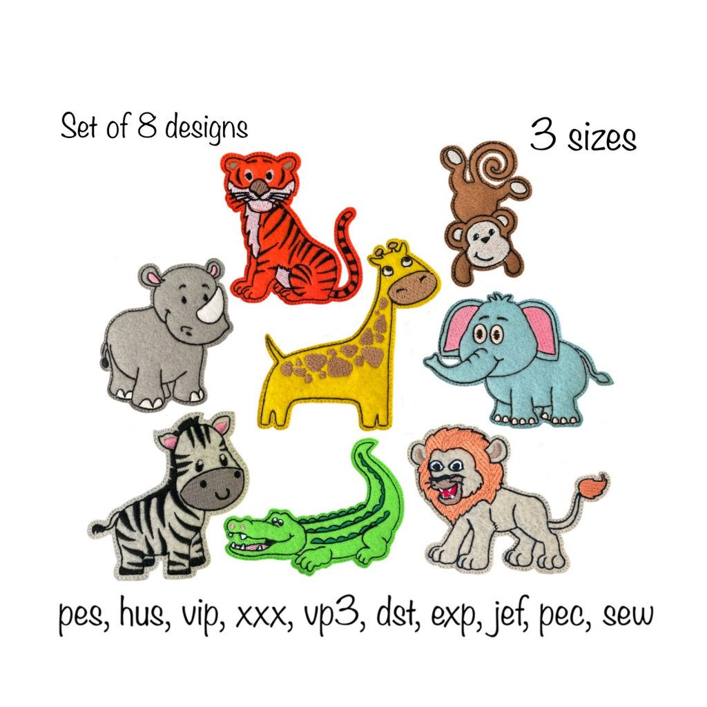 African Safari Animals 8 designs 3 sizes quick stitch Feltie - Machine ...