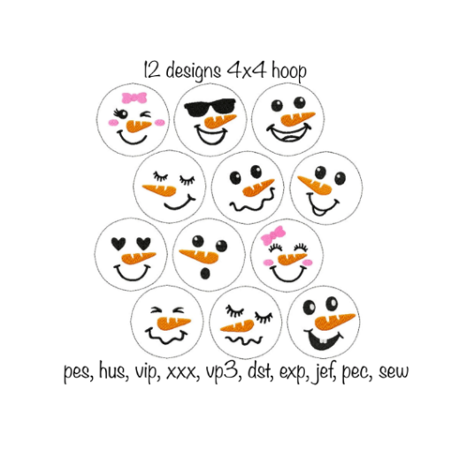 Christmas Snowman Faces Embroidery Design in 12 sizes